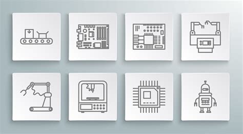세트 라인 산업용 기계 로봇 로봇 팔 손 공장 3d 프린터 미세 회로 프로세서 Cpu 로봇 인쇄 Pcb 조립 라인 및 컨베이어 벨트 판지 상자 아이콘 벡터 3차원 형태에