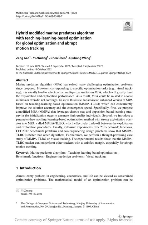 Hybrid Modified Marine Predators Algorithm With Teaching Learning Based