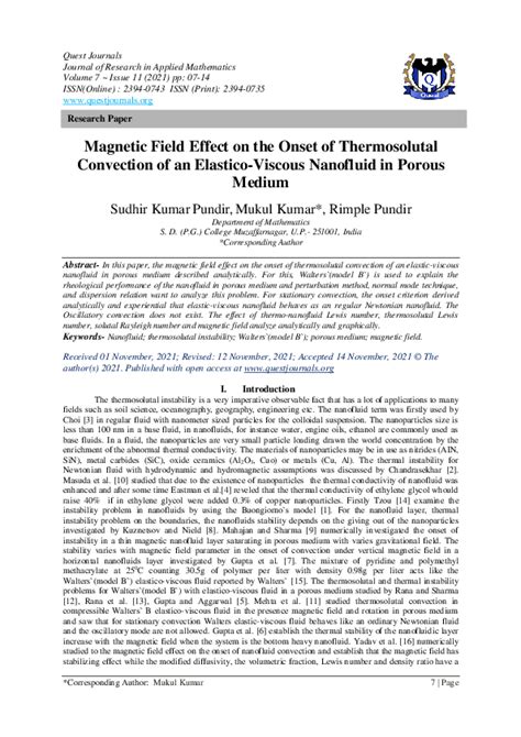 Pdf Magnetic Field Effect On The Onset Of Thermosolutal Convection Of An Elastico Viscous