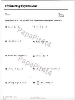 Evaluating Algebraic Expressions By PapaPit T Resources TPT