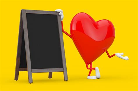 빈 나무 메뉴 칠판 야외 디스플레이와 레드 하트 캐릭터 마스코트 3d 렌더링 간판에 대한 스톡 사진 및 기타 이미지 간판 광고 낮 Istock