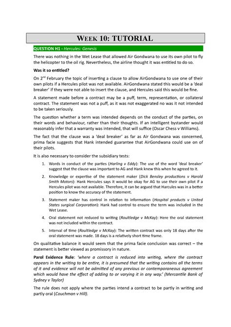 LLB202 Week 10 Tutorial WEEK 10 TUTORIAL QUESTION H1 Hercules Genesis There Was Nothing In