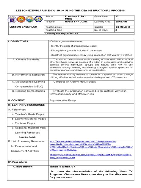 Lesson Exemplar Argumentativeessay Pdf Traffic Collision Argument