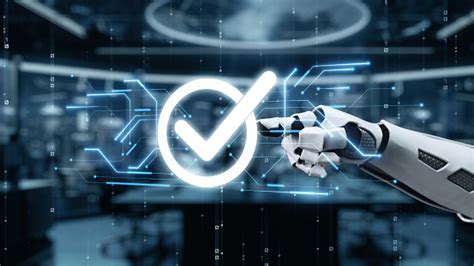미래 지향적 인 로봇 손은 첨단 기술 환경에서 디지털 체크 마크와 상호 작용하여 성공적인 프로세스의 검증 및 확인을 상징합니다 오바나 0명에 대한 스톡 사진 및 기타 이미지