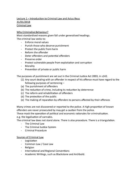 Lecture 1 Introduction To Criminal Law And Actus Reus Lecture 1 Introduction To Criminal
