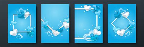 발렌타인 데이 포스터 세트 기하학적 배경에 프레임이있는 파란색과 흰색 종이 하트3d 귀여운 사랑 판매 배너 또는 인사말 카드 벡터 그림입니다 2월에 대한 스톡 벡터 아트 및