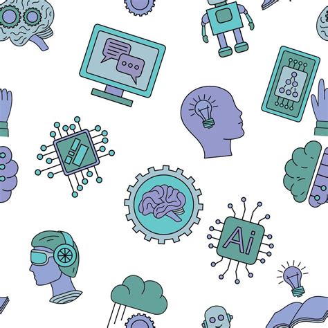 Seamless Pattern With Artificial Intelligence Elements Including Robots Neural Networks Brains