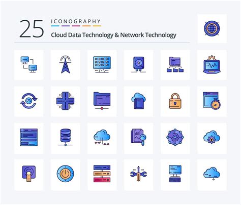 cloud data technology and network technology 25 line filled icon pack including folder