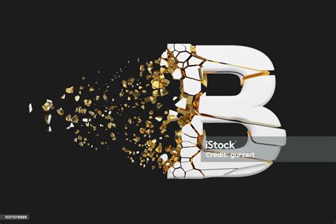깨진된 부서진된 알파벳 편지 B 대문자입니다 백색과 금 글꼴을 짓 눌린 3d 렌더링에 고립 된 회색 배경 금 금속에 대한 스톡 사진 및 기타 이미지 Istock