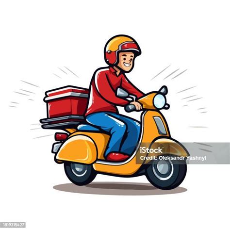 노란색 스쿠터를 타고 배달원이 고객에게 패키지를 배달합니다 만화 일러스트 흰색 배경에 고립된 벡터 그림입니다 가정 생활에 대한 스톡 벡터 아트 및 기타 이미지 Istock