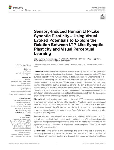 PDF Sensory Induced Human LTP Like Synaptic Plasticity Using Visual Evoked Potentials To