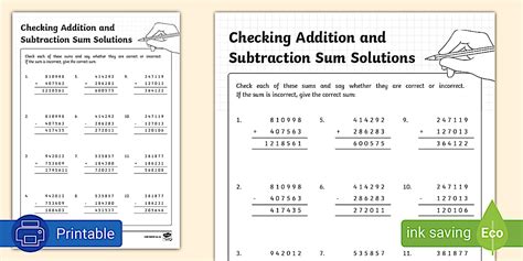 Checking Addition And Subtraction Sum Solutions Activity Sheet