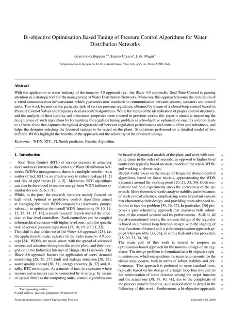 pdf bi objective optimisation based tuning of pressure control algorithms for water