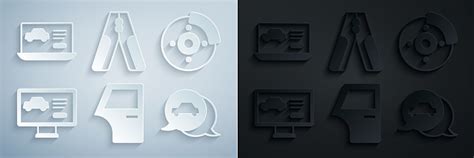 자동차 도어 캘리퍼브레이크 디스크 자동차의 진단 조건 서비스 배터리 점퍼 전원 케이블 및 아이콘을 설정합니다 벡터 3차원 형태에