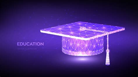 추상 낮은 다각형 졸업 모자 학생 모자 E러닝 개념 혁신적인 온라인 교육 거리 대학원 인증서 프로그램 학술 연구 온라인 학습 배너 벡터 그림입니다 의사소통에 대한 스톡 벡터