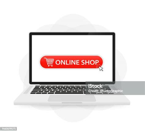 노트북의 온라인 판매 버튼 온라인 쇼핑 천막으로 노트북을 엽니 다 온라인 상점 개념입니다 마케팅 및 프로모션 전자 상거래에 대 한 배너입니다 벡터 그림 가상현실에 대한 스톡