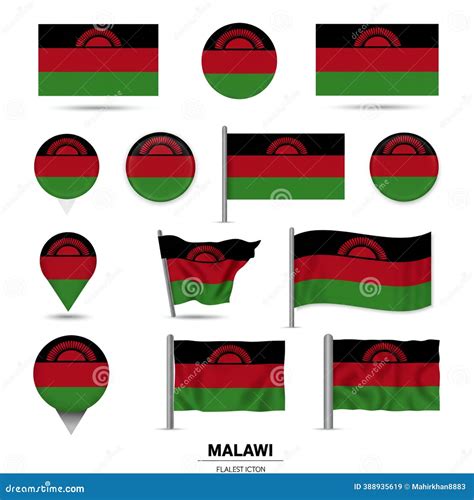 Collection Of Malawi National Flags Isolated In Official Colors And Map