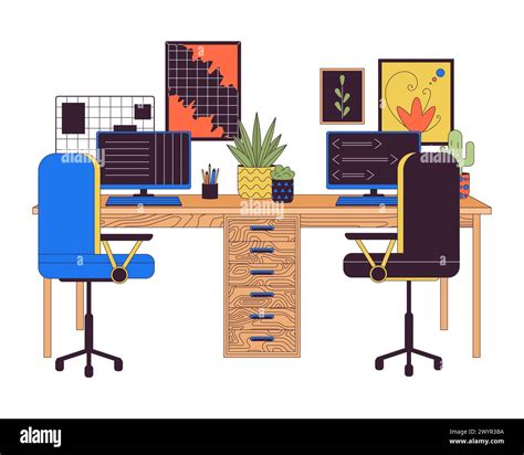Double Workplace With Computers 2d Linear Cartoon Objects Stock Vector