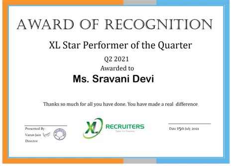 Sravani Devi On Linkedin Thanks A Lot For This Award Xl Recruiters Varun Jain Minal Jain