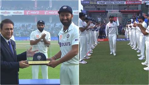 Ind V Aus 2023 Watch Pujara Felicitated By Gavaskar On His 100th