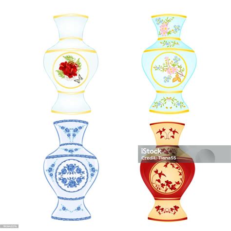 화병 다양 한 도자기 히 비 스커 스 나비 장미 다양 한 나뭇잎 빈티지 벡터 일러스트 레이 션 편집 가능 0명에 대한 스톡 벡터 아트 및 기타 이미지 Istock