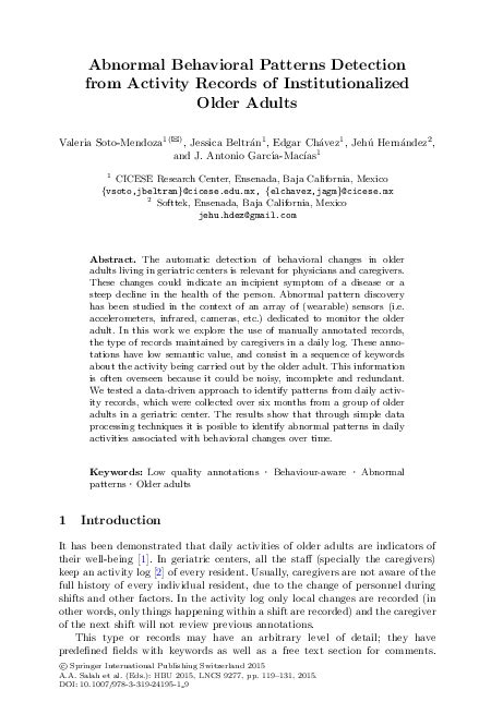 Pdf Abnormal Behavioral Patterns Detection From Activity Records Of Institutionalized Older