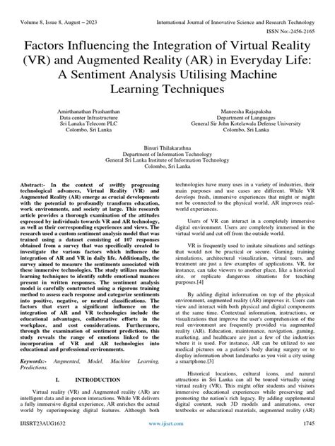 Factors Influencing The Integration Of Virtual Reality Vr And Augmented Reality Ar In