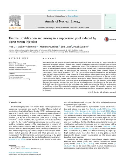 Thermal Stratification And Mixing In A Suppression Pool Induced By Direct Steam Injection 1 S2