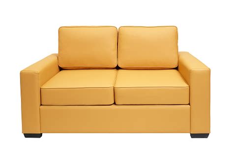 흰색 배경에 고립 된 단일 오렌지색 가죽 사무실 소파 정면보기 소파에 대한 스톡 사진 및 기타 이미지 소파 전경 컷아웃 Istock