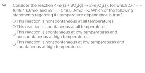 Solved 54 Consider The Reaction 4fe S 302 9