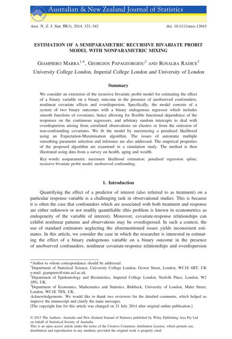 Pdf Estimation Of A Semiparametric Recursive Bivariate Probit Model With Nonparametric Mixing