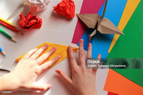 다양한 학교 용품흰색 종이에서 종이 접기 크레인을하고 아이들의 손 종이 접기의 단계별 튜토리얼 아이들의 창의력의 개념 다시 학교로 Diy에 대한 스톡 사진 및 기타 이미지