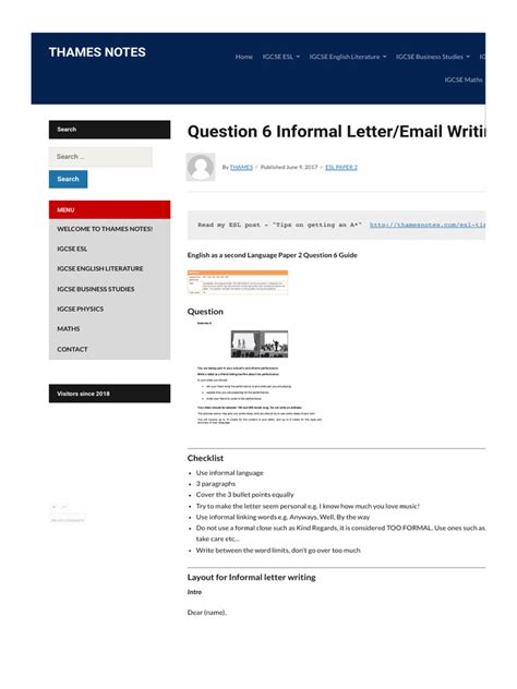 Igcse English As A Second Language Question 6 Informal Letter Writing Pdf English As A