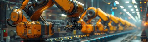Industrial Robotic Arms Operating On An Automated Production Line In A Modern Factory