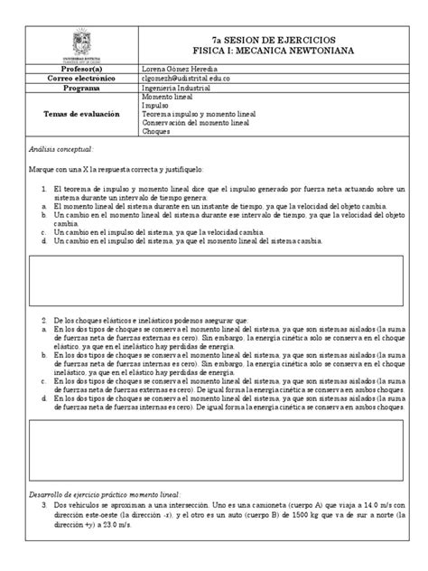Análisis De Conceptos Y Resolución De Ejercicios Sobre Momento Lineal Impulso Teorema De