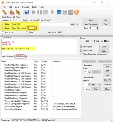 test i2c device hmc5883 with comm operator serial port tool