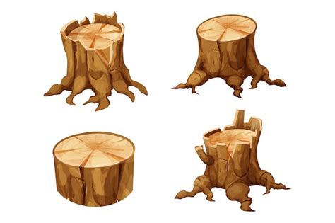 Premium Vector Set Forest Wooden Stump Tree Trunk With Roots Cut Section In Cartoon Style