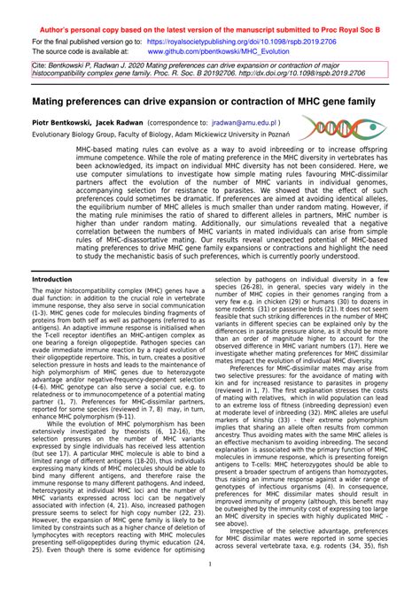 Pdf Mating Preferences Can Drive Expansion Or Contraction Of Mhc Gene
