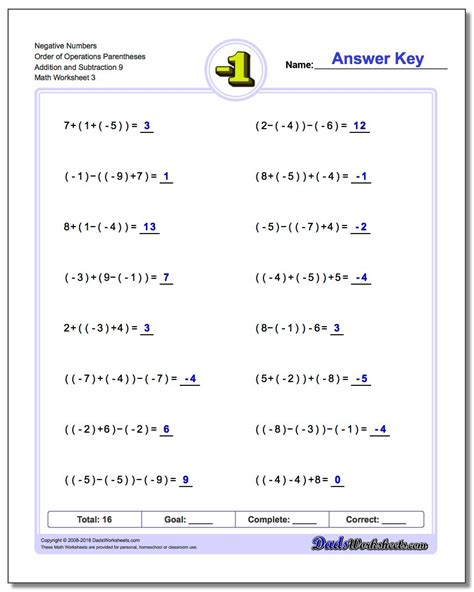 Adding And Subtracting Negative Numbers Worksheets