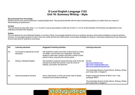 O Level English Language Unit Summary Writing Style