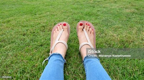 아름다움과 패션 컨셉 녹색 잔디 배경에 서 있는 골드 샌들 신발과 빨간 손톱을 입고 셀카 발 상단 보기 가냘픈에 대한 스톡 사진 및 기타 이미지 Istock