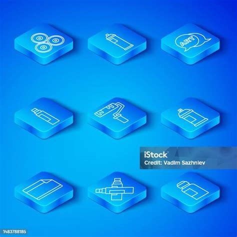 세트 라인 종이 접착 스티커 페인트 롤러 브러시 마커 펜 스프레이 캔 텍스트 아트가 있는 말풍선 페인트 구 아슈 항아리 염료 아이콘 벡터 3차원 형태에 대한 스톡 벡터 아트