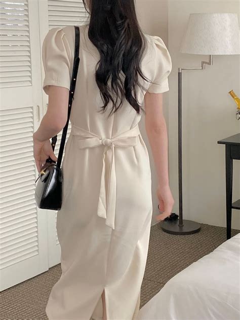 루엣 💐하객룩 Made 클레어 스퀘어넥 반팔 긴팔 핀턱 퍼프 허리끈 롱 H라인 원피스