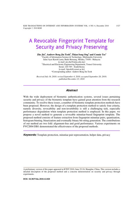 Pdf A Revocable Fingerprint Template For Security And Privacy Preserving