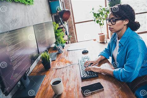 Photo Of Attractive Young Woman Typing Keyboard Coding Wear Blue Shirt