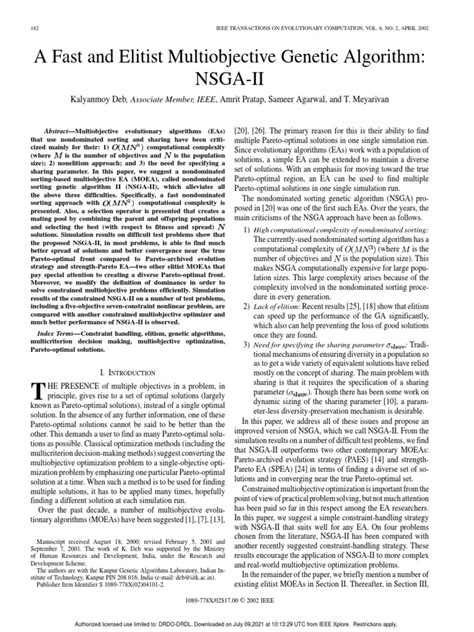 A Fast And Elitist Multiobjective Genetic Algorithm Nsga Ii Pdf