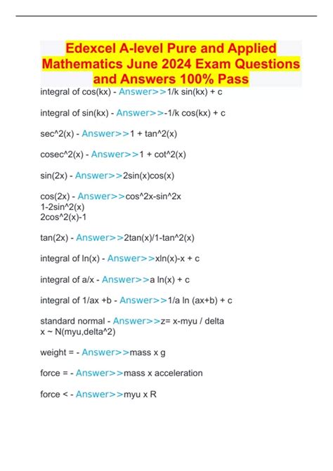 Edexcel A Level Pure And Applied Mathematics June 2024 Exam Questions And Answers 100 Pass