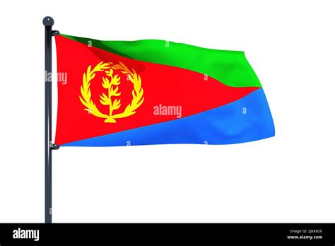 3d Illustration Of Flag Of Eritrea With Chrome Flag Pole With Snap Hooks Waving In Blue Sky