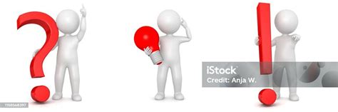 물음표 아이디어 느낌표 사업 진행 Q 및 기호 기호 아이콘 세트 빨간색 구두점 3d 렌더링 그래픽 일러스트 화이트 스틱 그림 사람 흰색 배경에 고립 3차원 형태에 대한 스톡