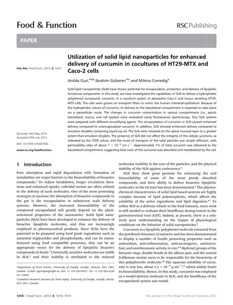 Pdf Utilization Of Solid Lipid Nanoparticles For Enhanced Delivery Of Curcumin In Cocultures